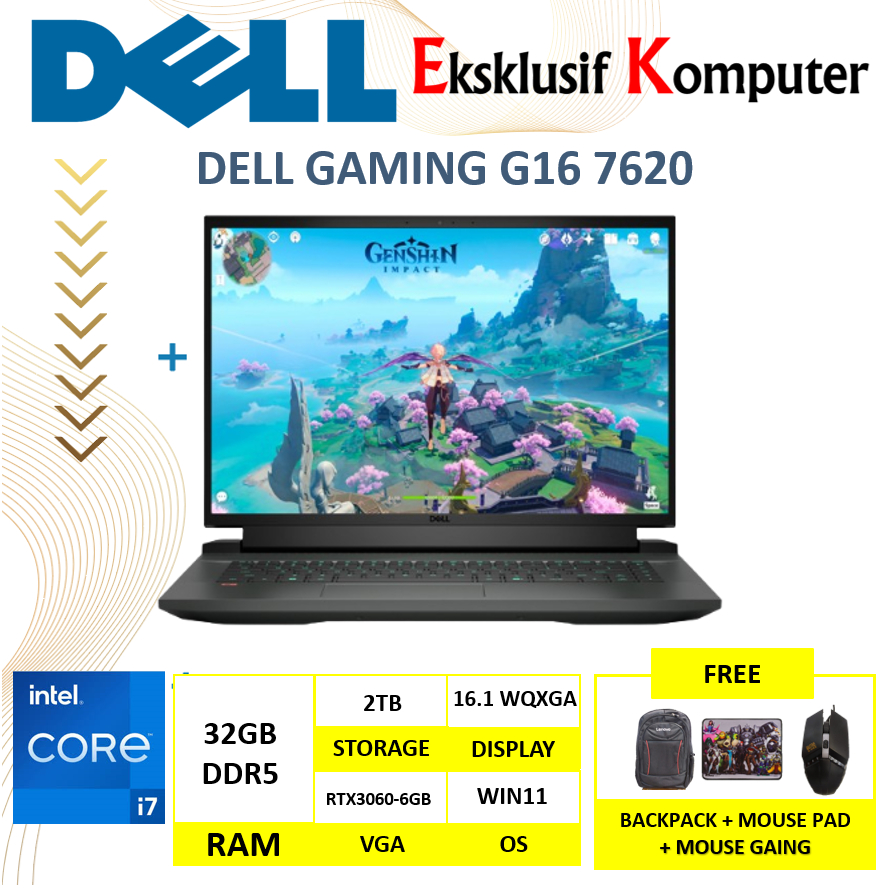 Jual Laptop Dell Gaming G16 7620 Intel i7 12700H 32GB 2TB SSD RTX3060 6GB 16" WQXGA 165Hz ...
