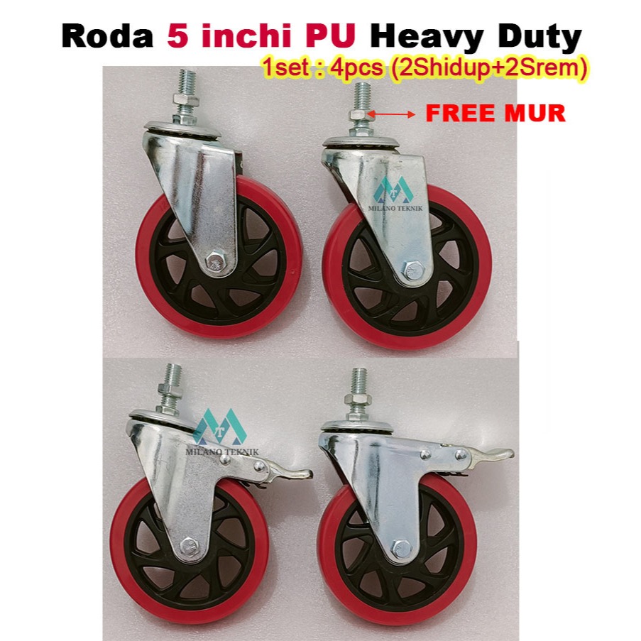Jual Roda 5 inchi PU (1set:2SHrem+2SHidup) Screw/baut+mur Heavy Duty ...