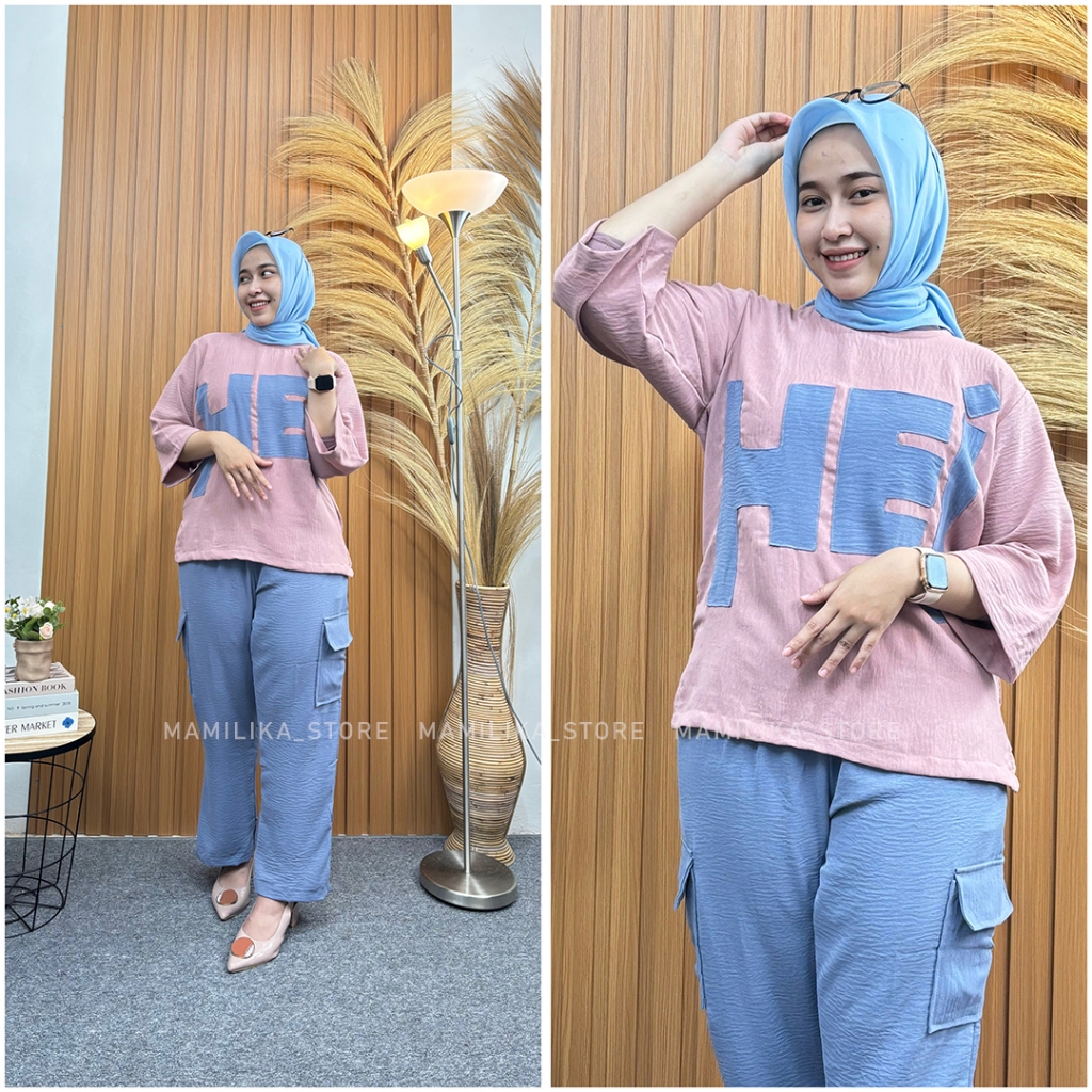 Jual Hei One Set Cargo Baju Setelan Wanita Kekinian Crinkle Airflow ...