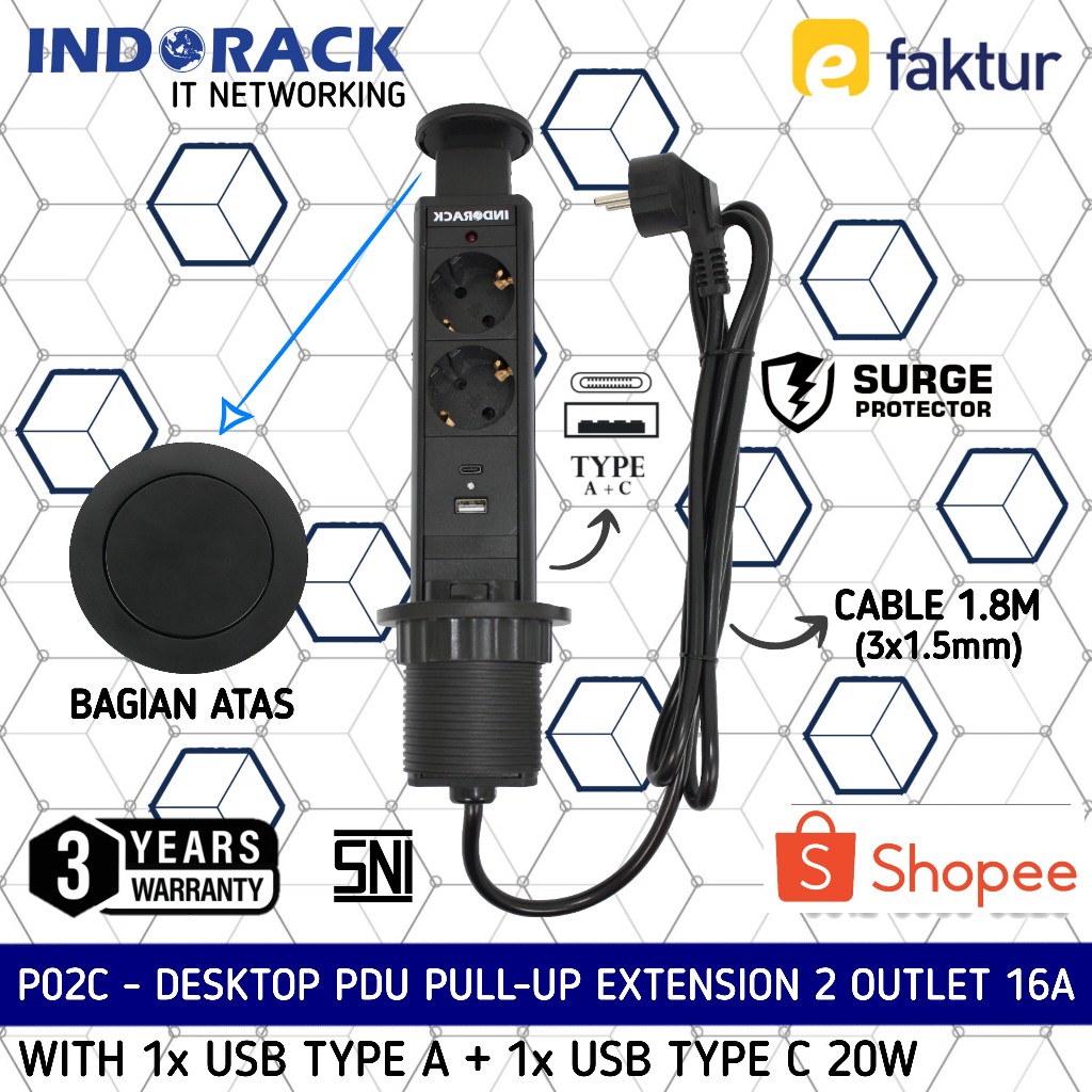 Jual P02C - DESKTOP PDU PULL UP INDORACK 2 OUTLET WITH 1x USB TYPE A + C 20W 16A STOP KONTAK ...