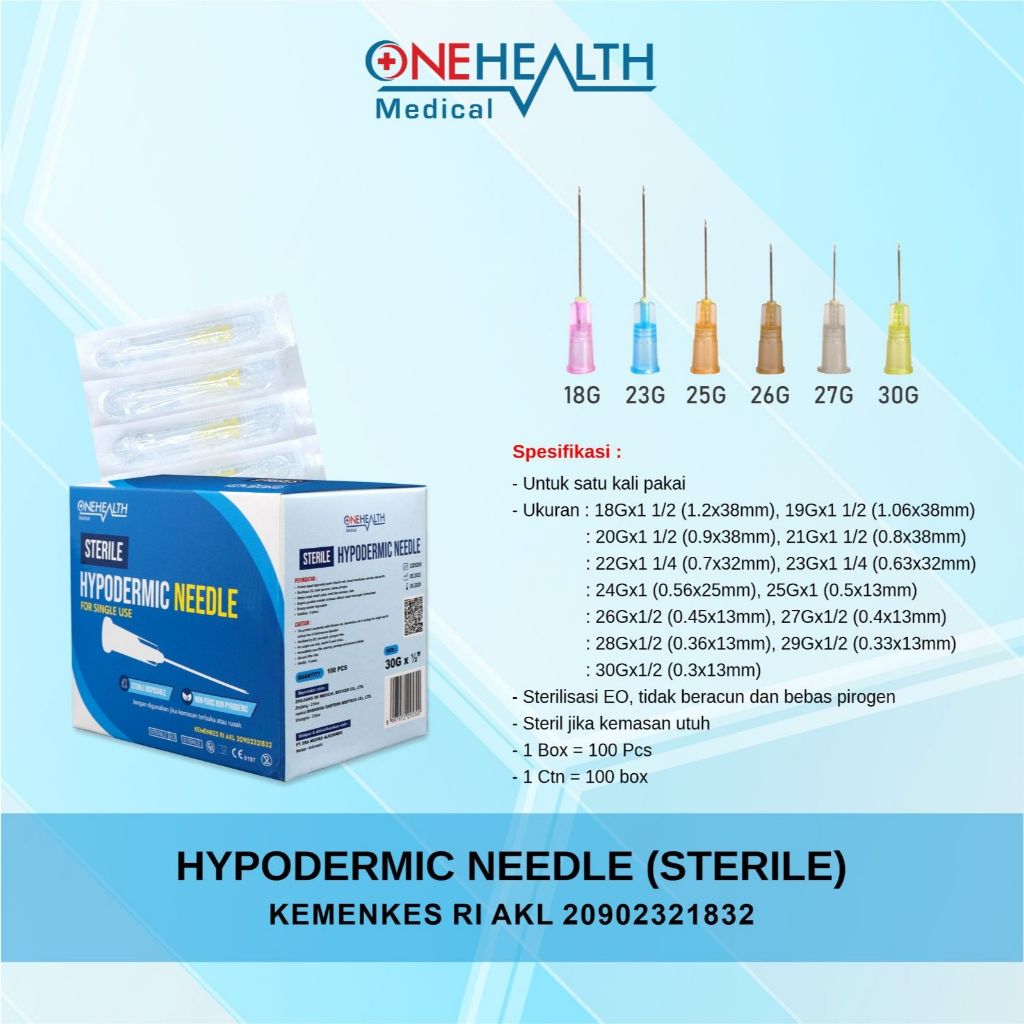 Jual Onehealth Disposable Needle 18G 23G 25G 26G 27G 30G | Hypodermic Needle Sterile | Kepala ...