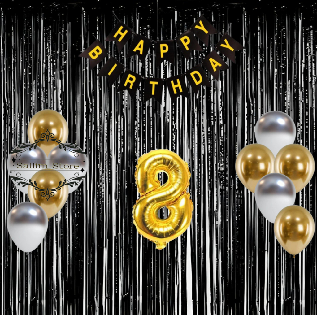 Jual Set Dekorasi Pesta Happy Birthday Backdrop Tirai Foil Rumbai Hitam ...