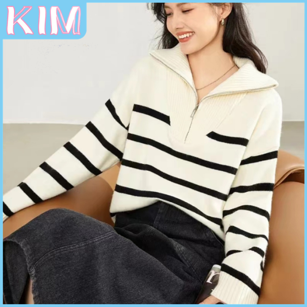 Jual KIM Sweater Stripes Baggy Fit Sweater Polo Rajut Wol Sweater ...