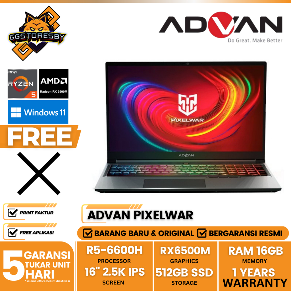 Jual Laptop Advan Pixelwar | R5-6600H 16/512 Rx6500M 16" 2.5K W11 ...