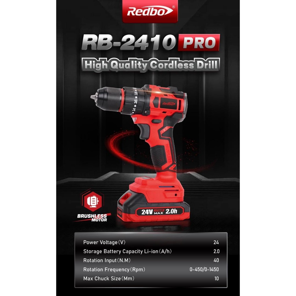 Jual RB2410 REDBO MESIN BOR CORDLESS BRUSHLESS ASLI l 2 Baterai 24 V ...