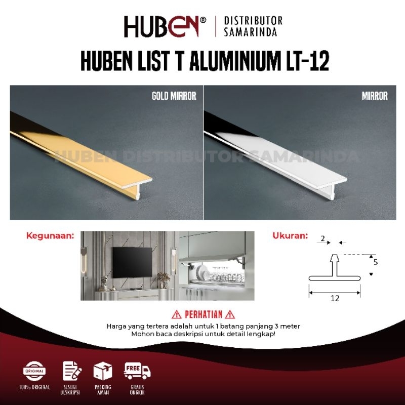 Jual HUBEN List Variasi 12mm Mirror Gold 3 Meter / Aluminium Lis T ...