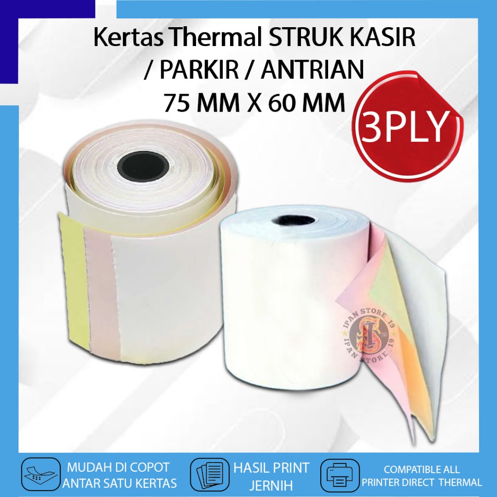 Jual Kertas Thermal Struk Nota Kasir Belanja 75 X 60 3 PLY LABEL HVS ...