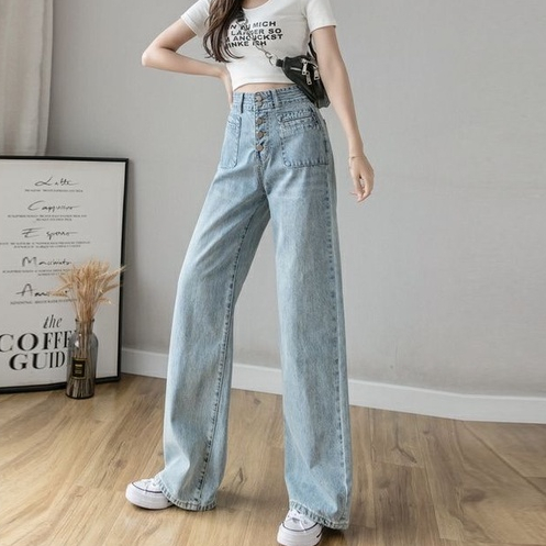 Jual Highwaist Kulot Jeans Wanita Kaki Lebar Lurus Saku Paspol Banyak ...