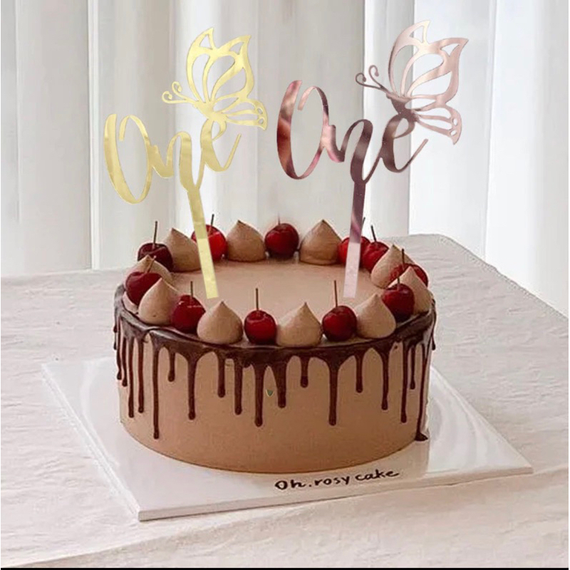 Jual Cake topper tulisan one gambar kupu kupu bahan akrilik warna gold ...