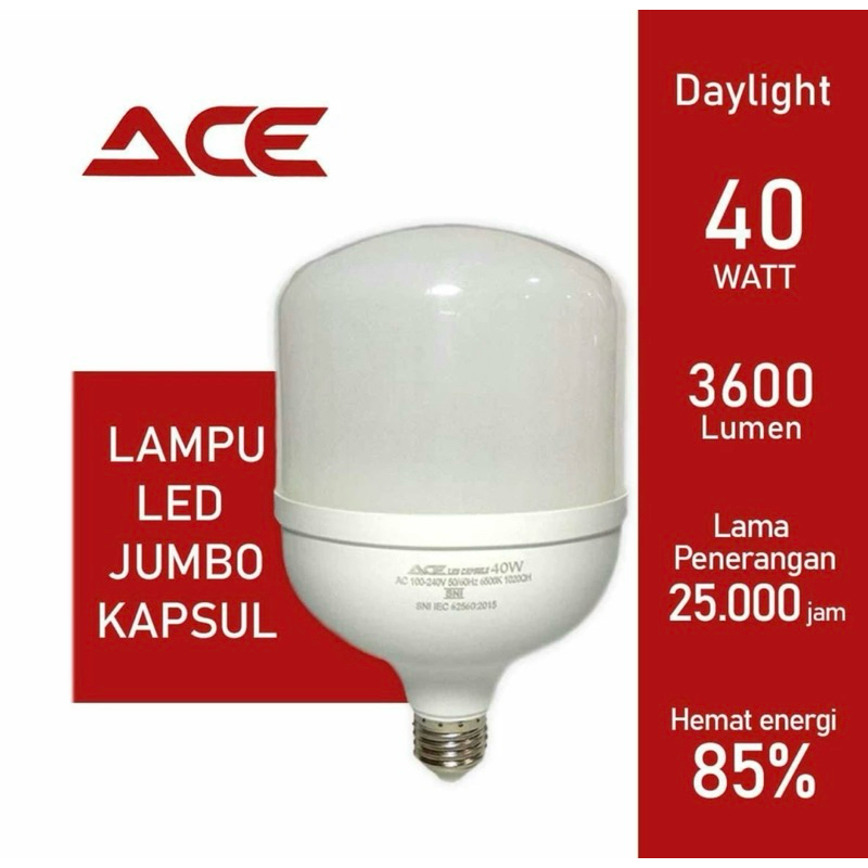 Jual ACE Lampu LED T Bulb Capsule Kapsul 40W 40 Watt Cahaya Putih Body Jumbo Super Terang ...