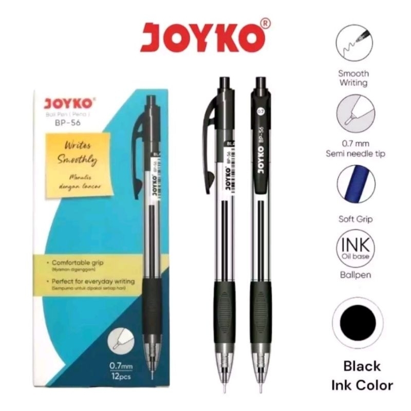 Jual PULPEN JOYKO BALL PEN CLICKER 0,7 BLACK BALPOINTS PULPEN JOYKO CETEK BP-56 12 PCS | Shopee ...