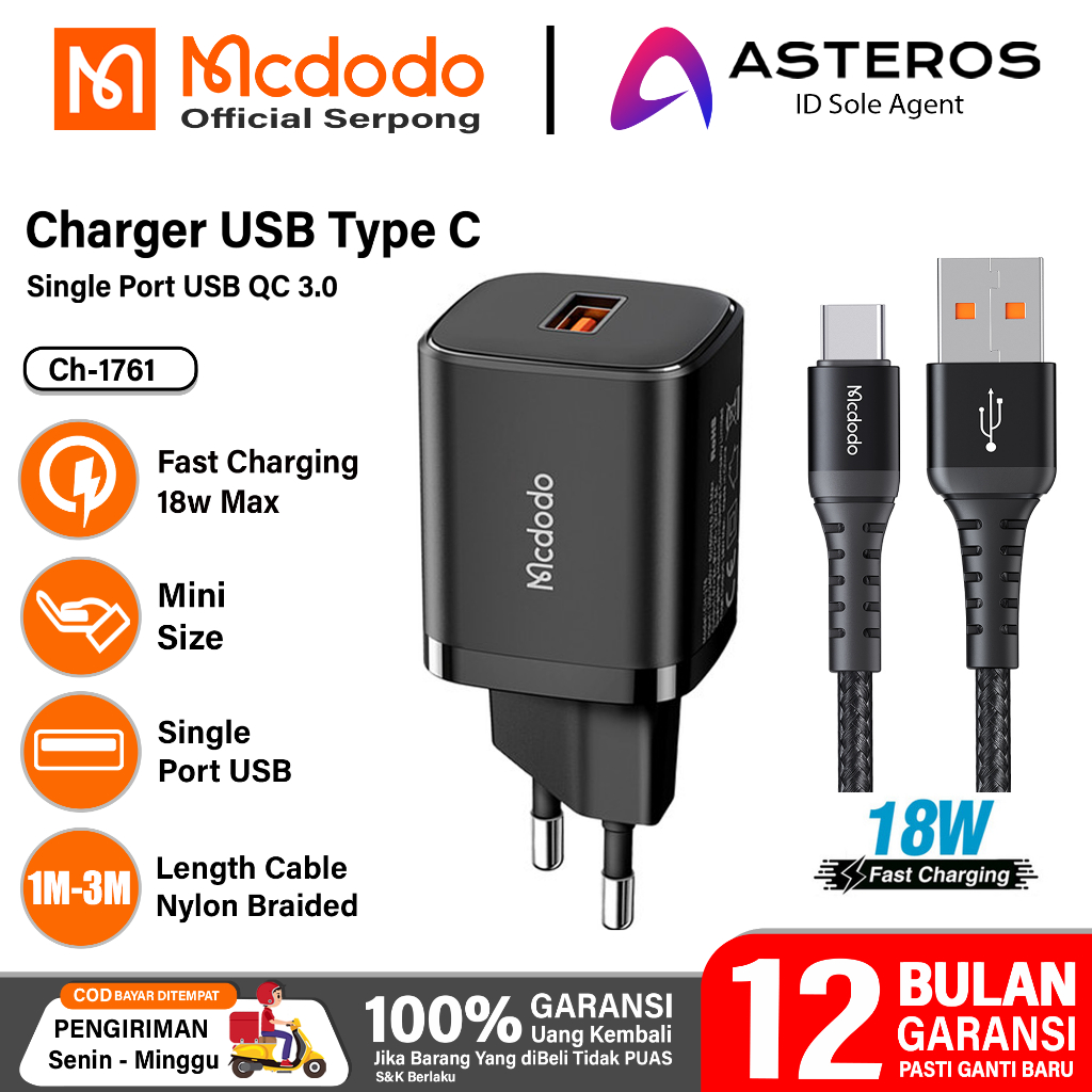 Jual MCDODO Charger Samsung USB Type C Fast Charging 18w Nylon Braided ...