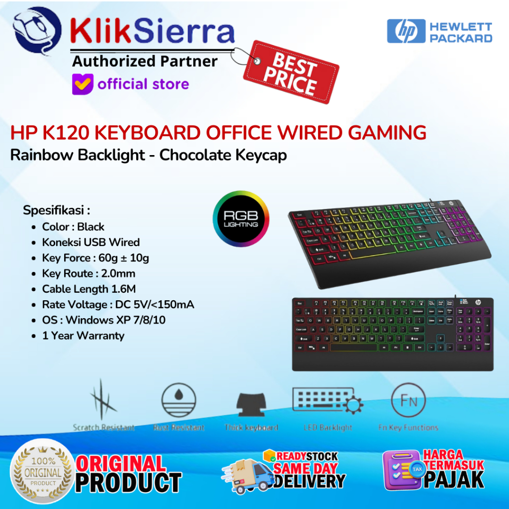 Jual HP K120 Keyboard Office Gaming (Rainbow Backlight, Chocolate ...