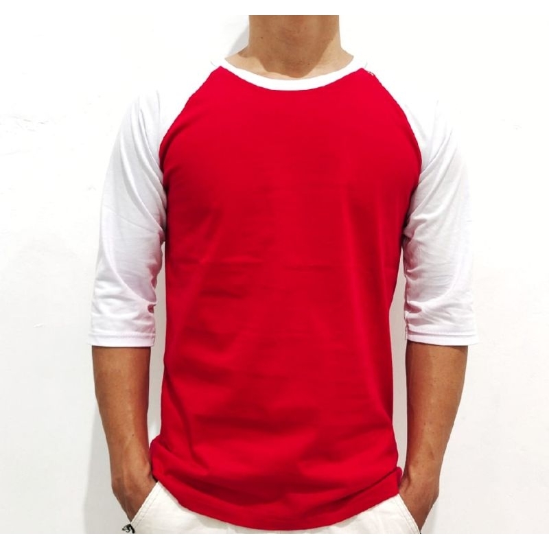 Jual Kaos Raglan Polos Lengan 3/4 Warna Merah Putih | Shopee Indonesia