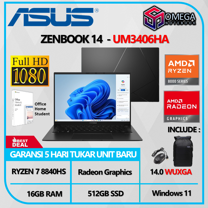 Jual ASUS ZENBOOK 14 OLED UM3406HA RYZEN 7 8840HS 16GB 512GB 14.0 WUXGA ...