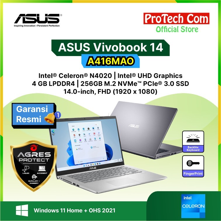 Jual ASUS VIVOBOOK 14 A416MAO N4020 RAM 4GB SSD 256GB W11+OHS 14.0FHD ...