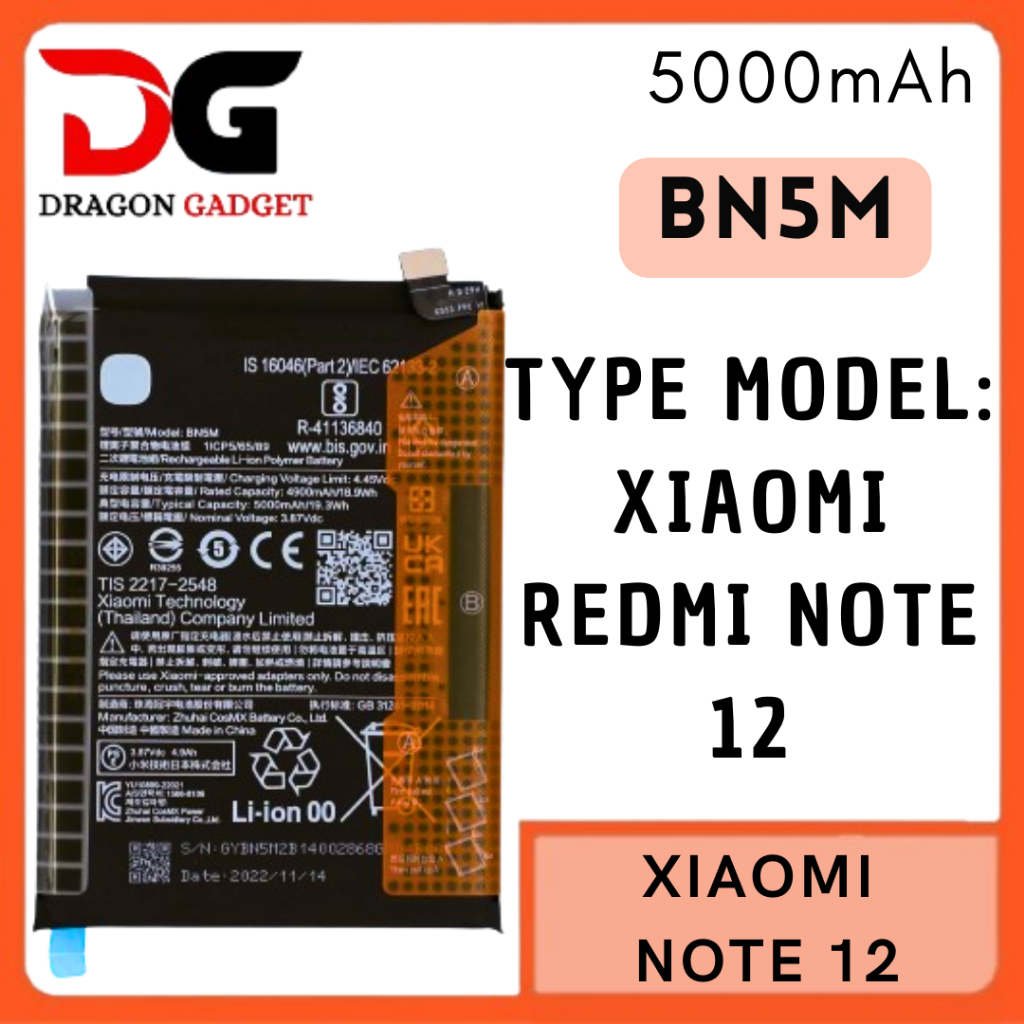 Jual BATERAI BATTERY XIAOMI REDMI NOTE 12 BN5M 5000mAh Oem | Shopee ...