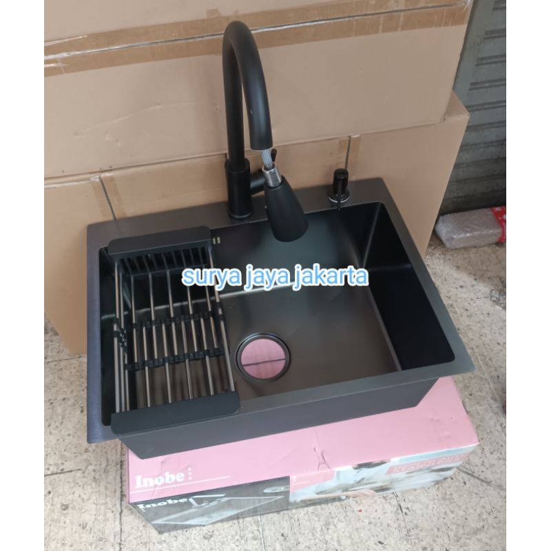 Jual Paket Full set kitchen sink inobe 6045 Hitam paket kran tarik ...