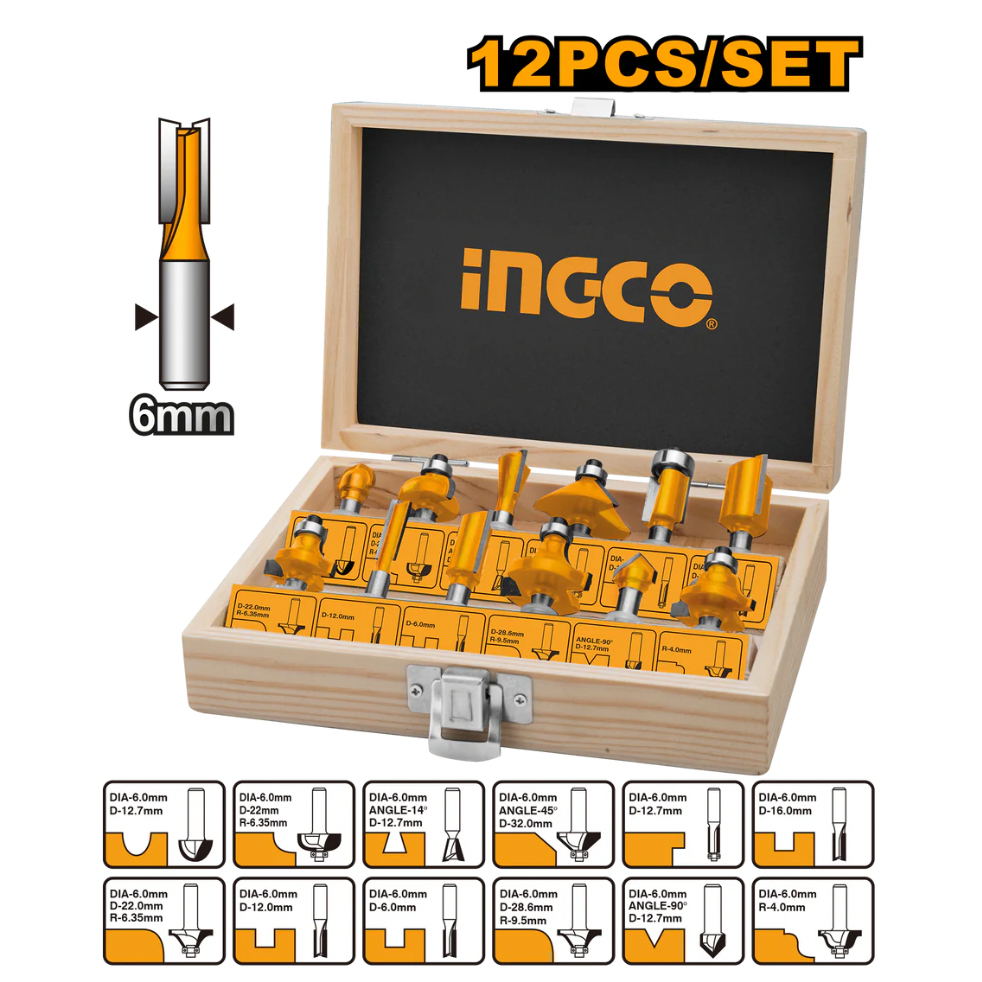 Jual INGCO Mata Mesin Router 12 Pcs (6mm) AKRT1201 Set Bit Lurus ...