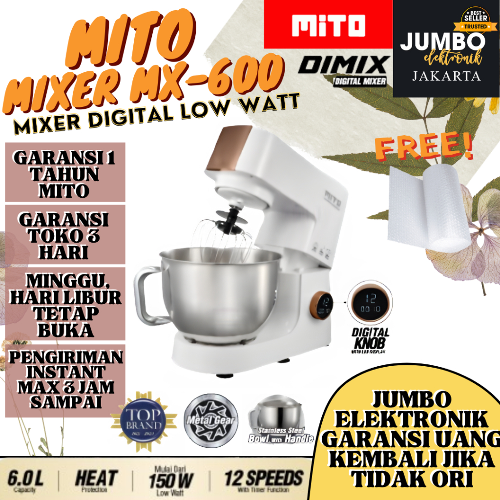 Jual Mito Stand Mixer MX600 DIMIX Pengadon Adonan Kue 6L Liter Digital Mixer Low Watt | Shopee ...