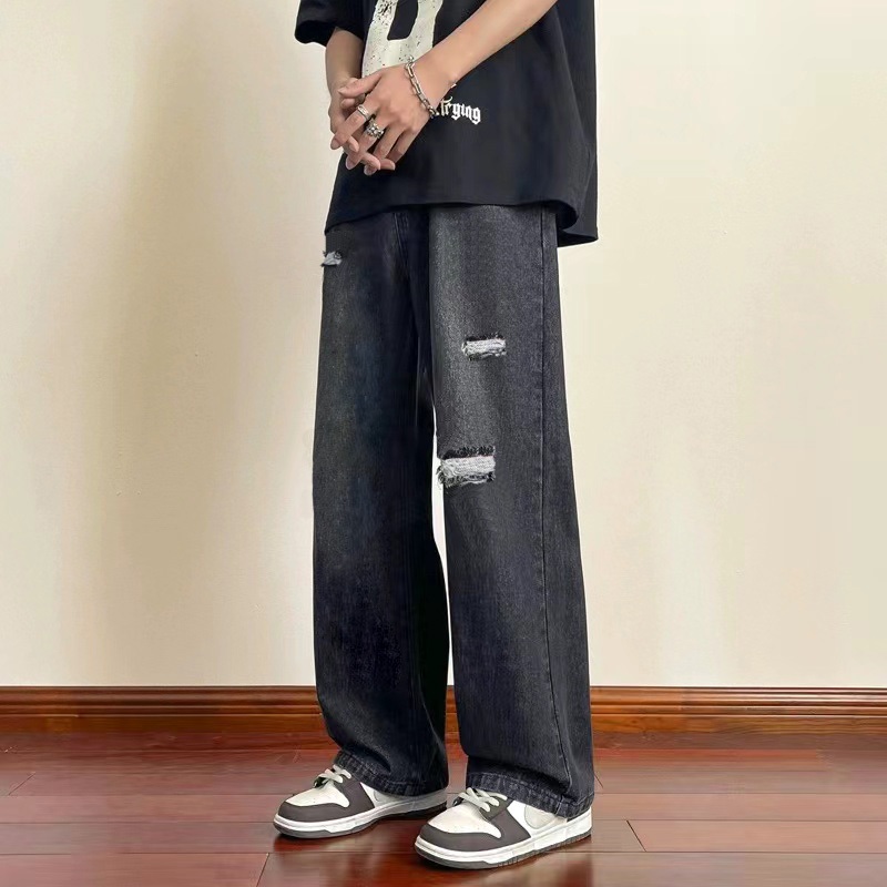 Jual KeyBoy celana jeans pria panjang sobek baggy straight hitam denim pants casual longgar ...