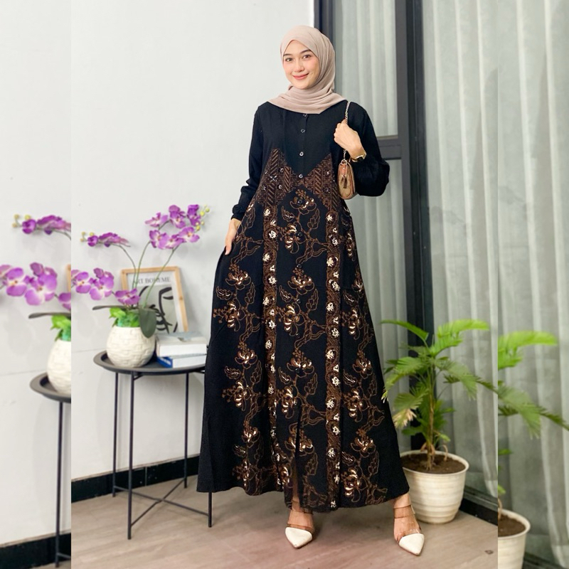 Jual REMAR DRESS Gamis Hitam Syari Motif Batik Busui Friendly Full ...