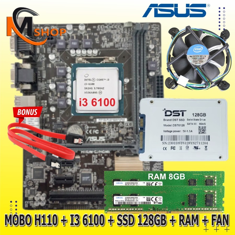 Jual Paket Mainboard Mobo H110 LGA 1151 + Processor Core i3 6100 + SSD 128GB SATA + RAM DDR4 ...