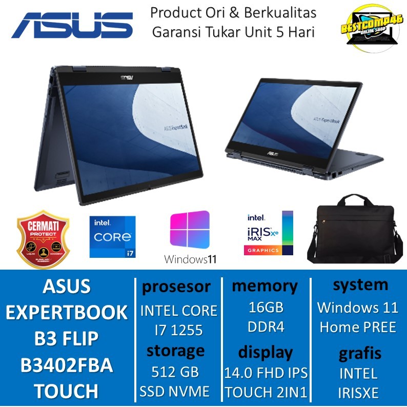 Jual Asus Expretbook B3 B3402fba Flip Touch i7 1255 16Gb 512Ssd 14.0Fhd ...
