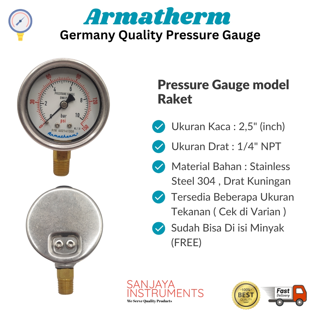 Jual ARMATHERM Pressure Gauge 2,5 inch 6 - 1000 Bar Drat 1/4 Raket ...