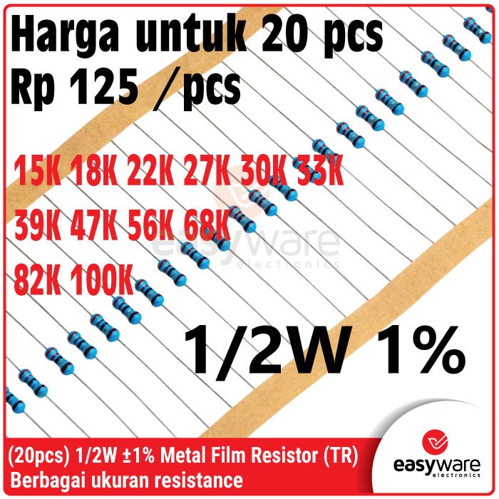 Jual 20x Metal Film Resistor 1/2W 1% 15K 18K 22K 27K 30K 33K 39K 47K ...