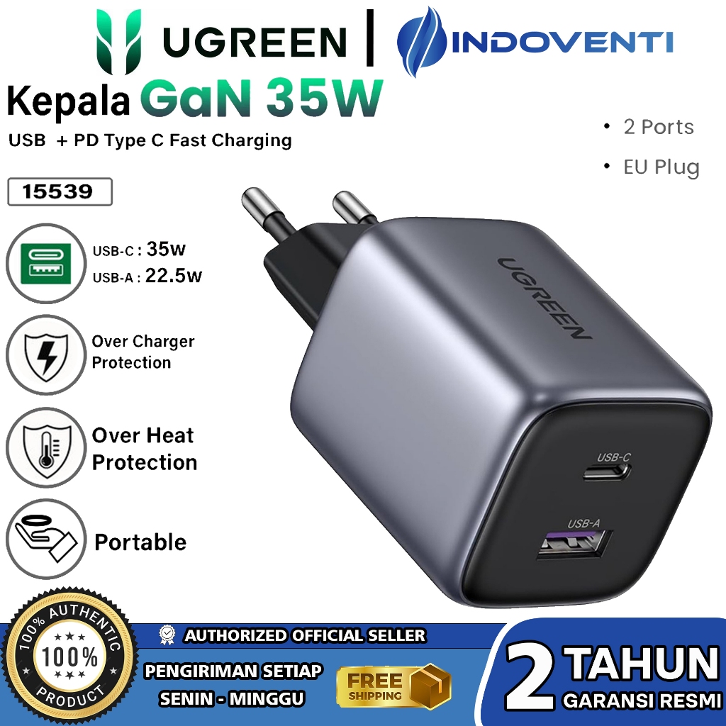 Jual UGREEN Kepala Charger GaN Dual Port USB A & USB Type C PD Fast ...