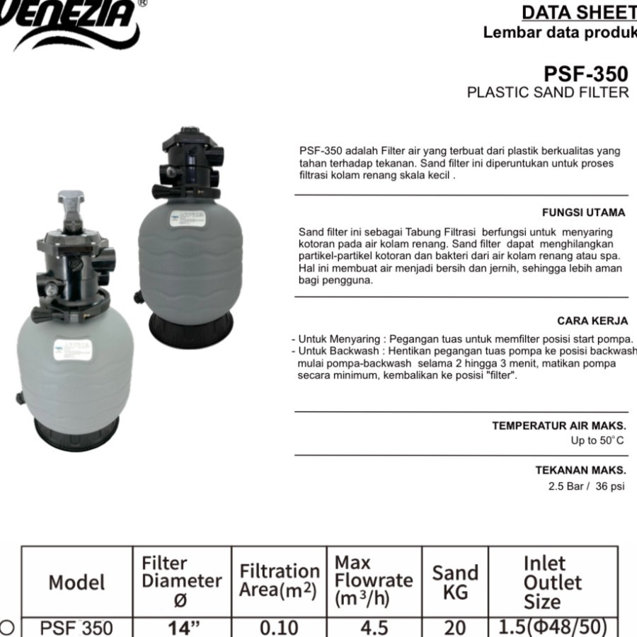 Jual Sand Filter kolam renang VENEZIA PSF 350 TOP MOUNT FILTER KOLAM ...