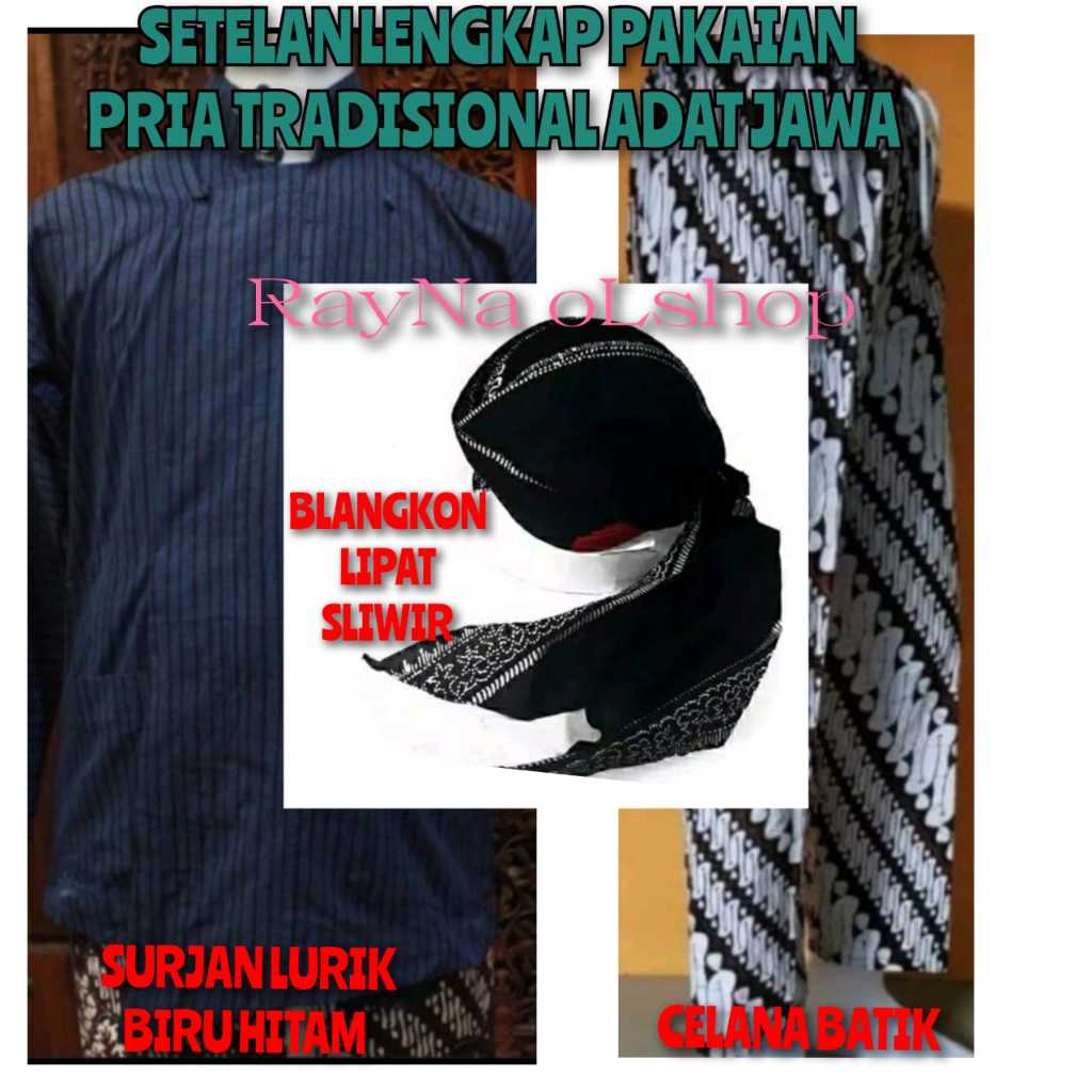 Jual BAJU KEMEJA JAWA PRIA | SURJAN LURIK BIRU HITAM + CELANA BATIK + BLANGKON LIPAT SLIWIR ...