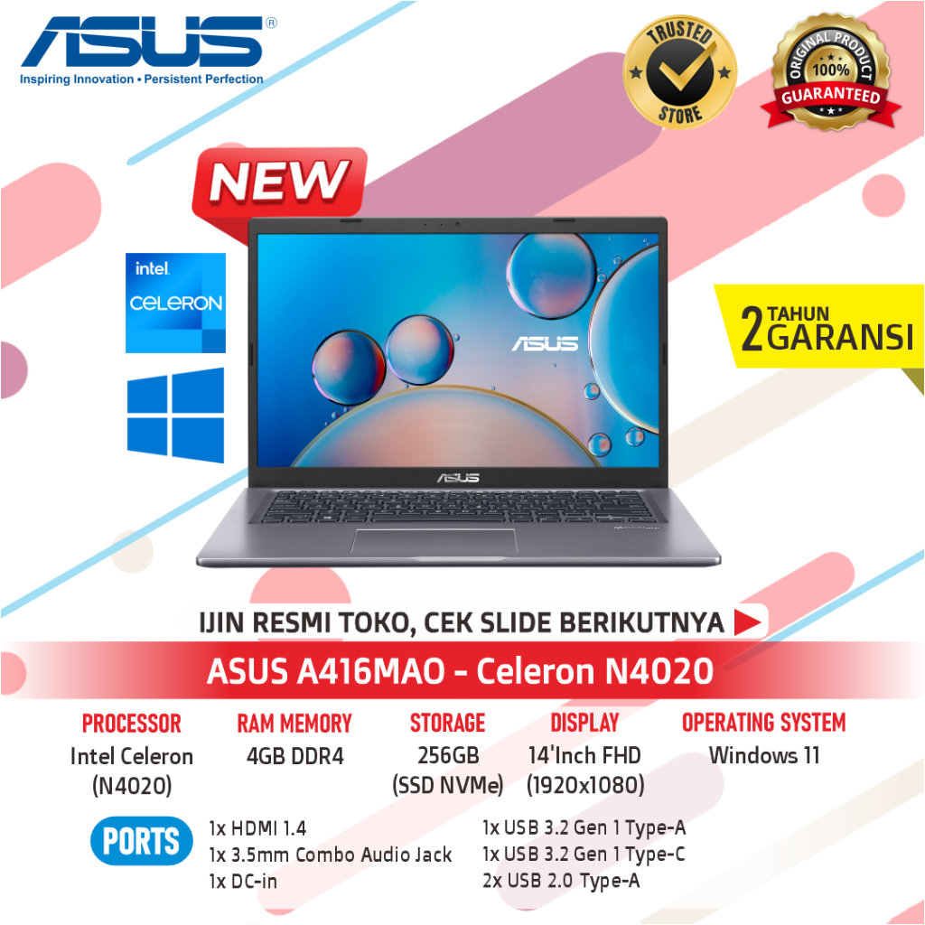 Jual ASUS A416MAO Celeron N4020 4GB RAM 256GB SSD | Shopee Indonesia