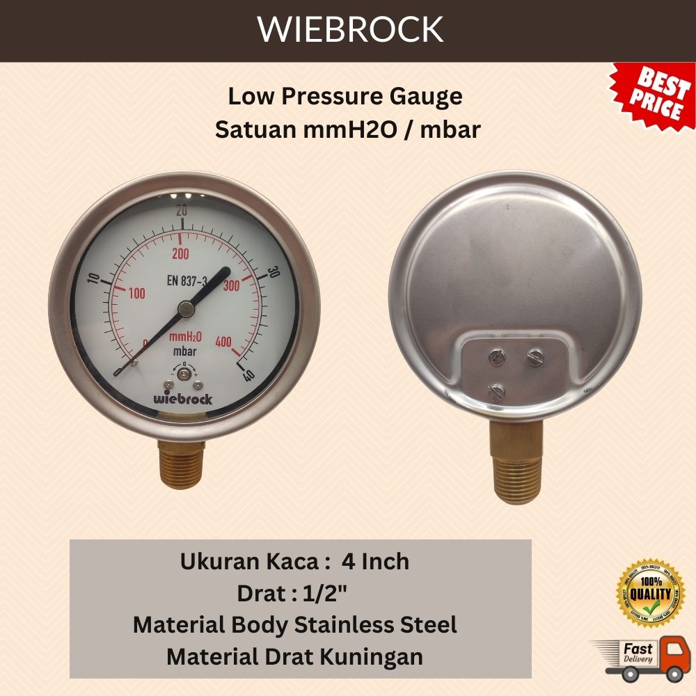Jual Pressure Gauge Wiebrock 4" Inch Drat 1/2" 25 mbar - 600 mbar / mmH2O Low Pressure Gauge ...
