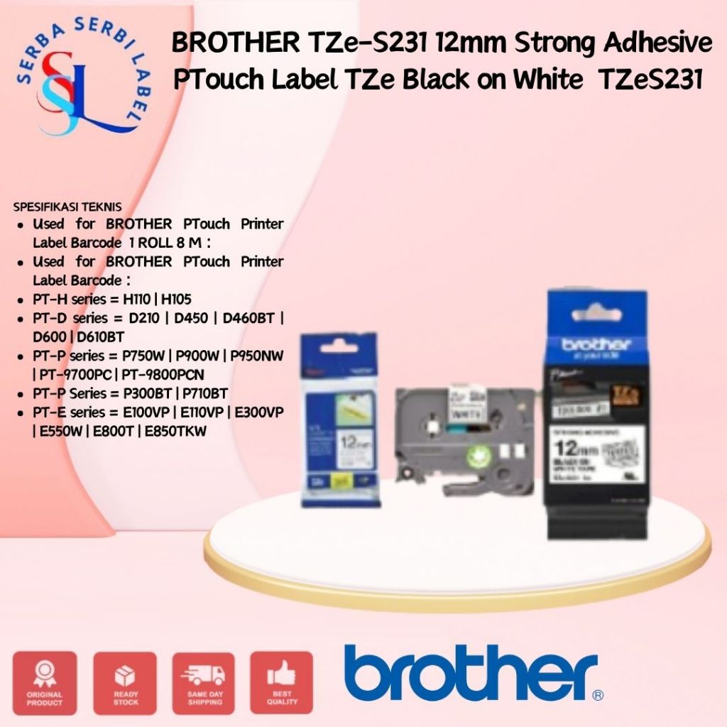 Jual BROTHER TZe-S231 12mm PTouch Label TZeS231 Strong Adh Black on ...