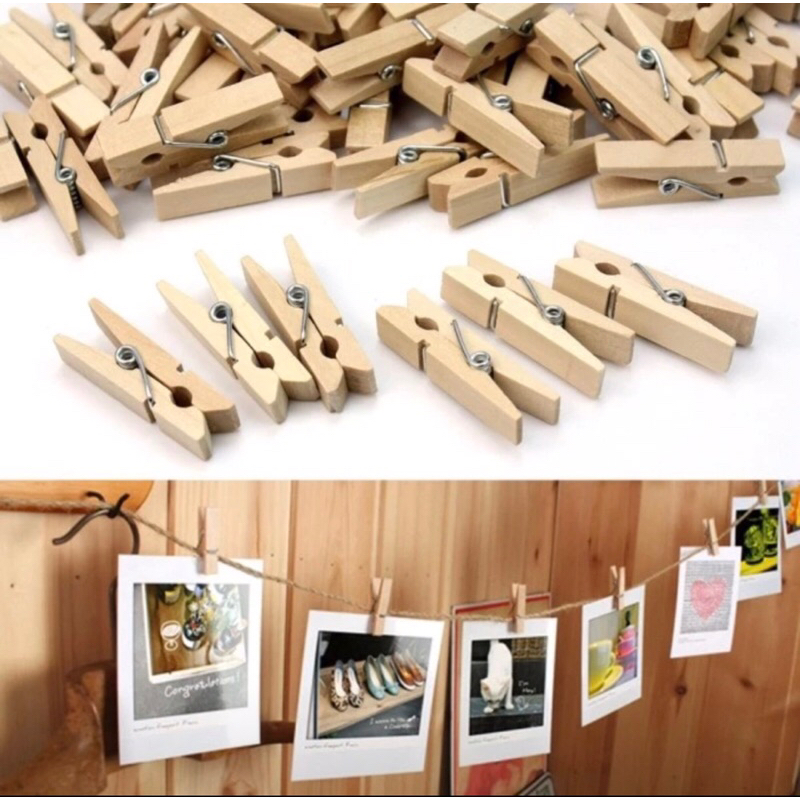 Jual wooden clip kayu 20pcs plus tali - penjepit foto polaroid - klip ...