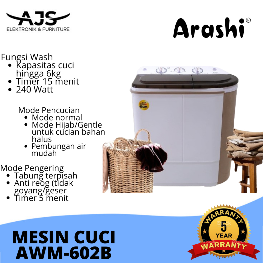 Jual Mesin Cuci 2 Tabung ARASHI AWM 602B 6 Kg - ARASHI Laundry AWM 602 B - NON BUBBLE | Shopee ...