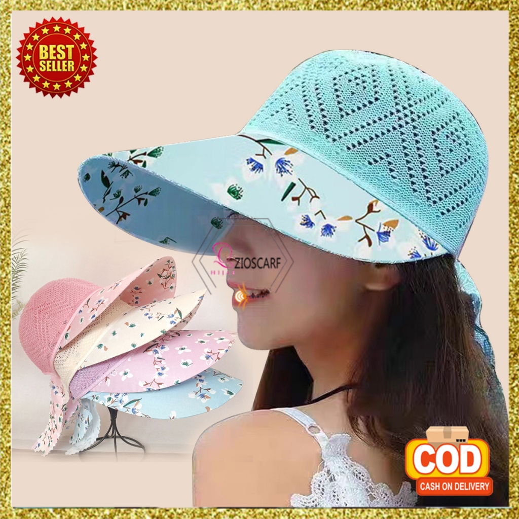 Jual Topi Pantai Visor Motif Bunga Fashion Wanita Korea Pelindung Anti UV Musim Panas Summerhat ...
