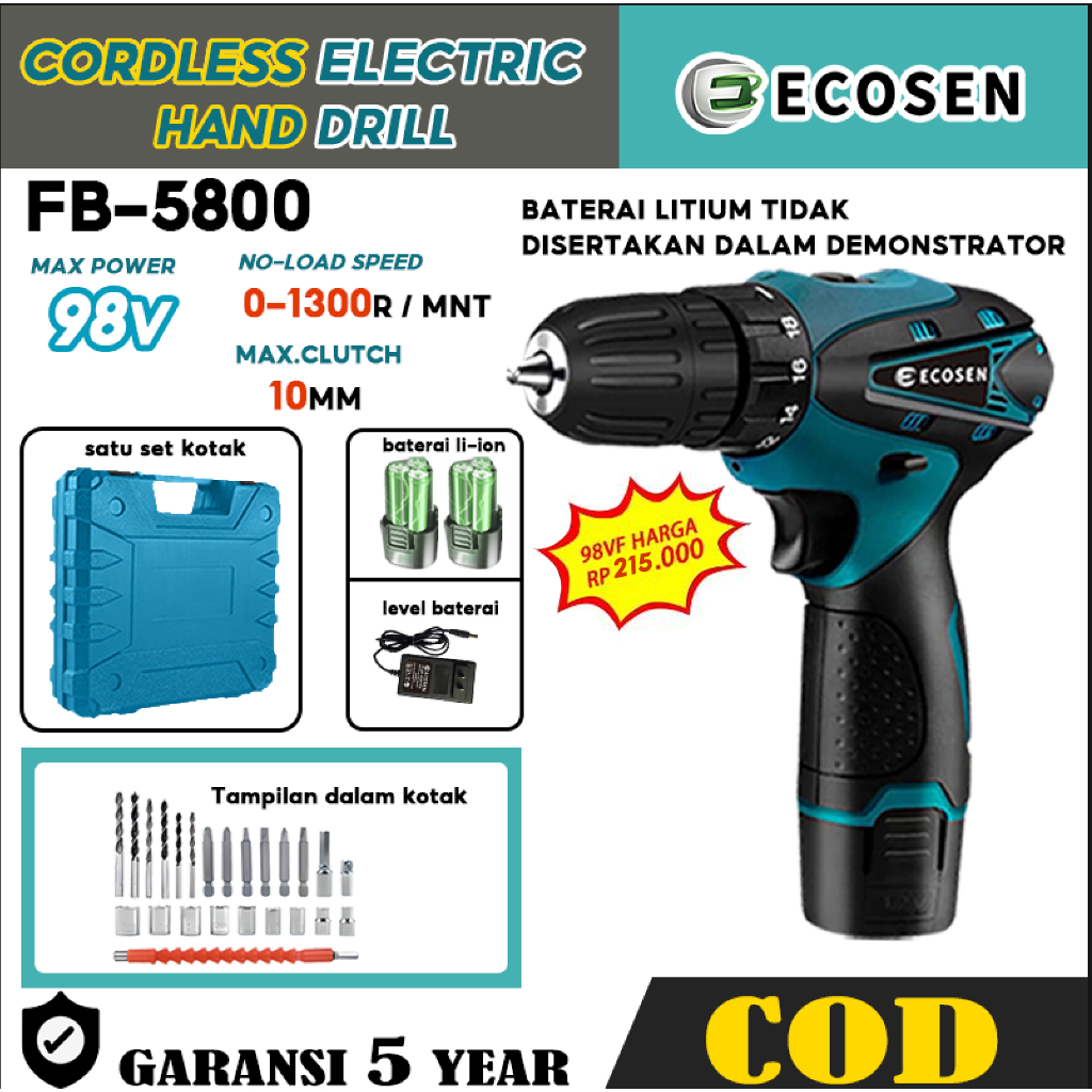 Jual ECOSEN Mesin Bor Baterai Tangan 98V Bor Listrik Bor cas Bor mini ...