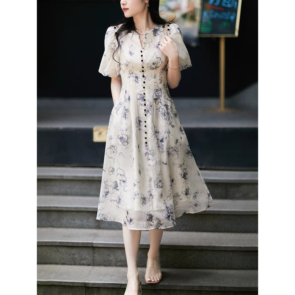 Jual NANA Dress lengan balon motif bunga highwaist premium | Shopee ...