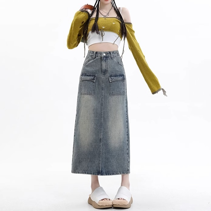 Jual Rok A-Line Highwaist Korea Style / Rok Midi Denim Split Biru retro ...