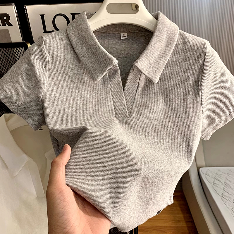 Jual kaos crop top polos/Kaos Polos Kerah polo abu-abu Slim Stretch ...