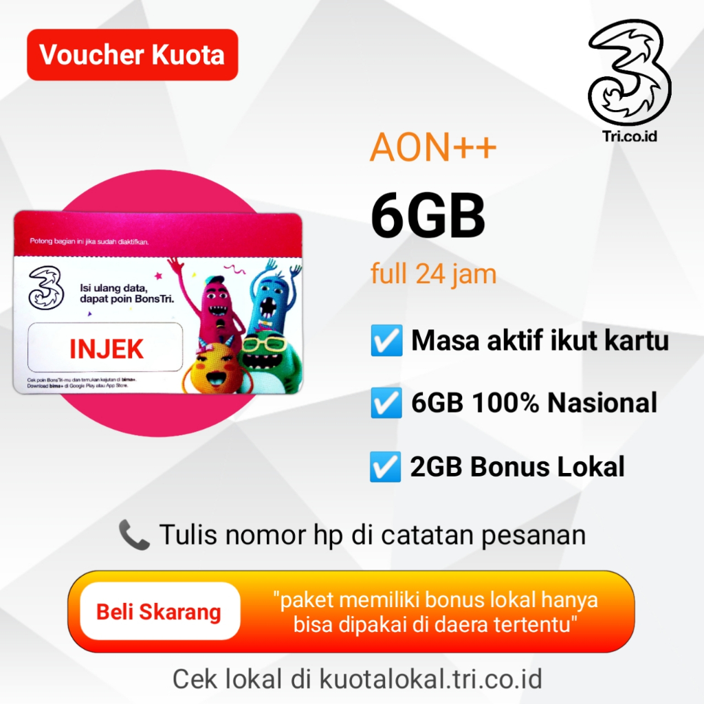 Jual Paket data AON Injek Tri/3/Three 6GB Nasional & bonus lokal | Shopee Indonesia