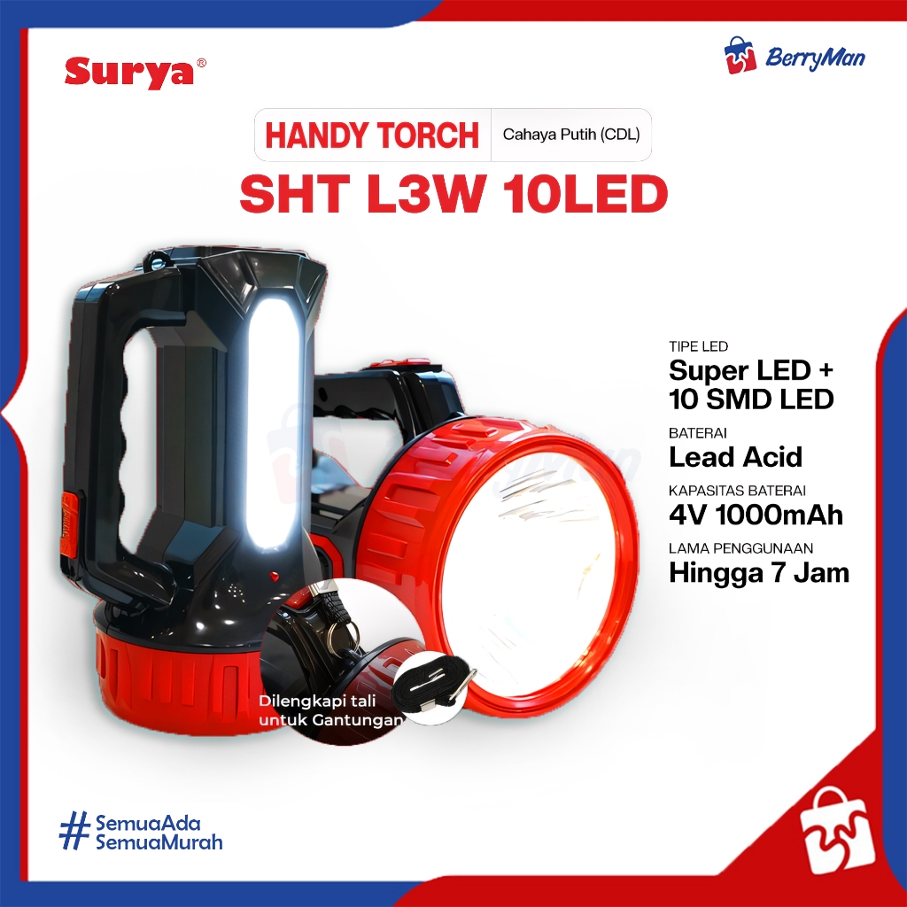 Jual Surya Lampu Senter Besar SHT L3W 10 LED Emergency 2 in 1 Rechargeable Cahaya Putih | Shopee ...