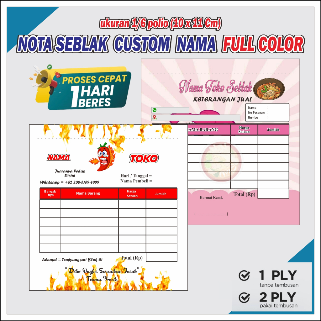 Jual Nota seblak prasmanan custom nama toko sendiri ukuran 1/6 polio 10 ...