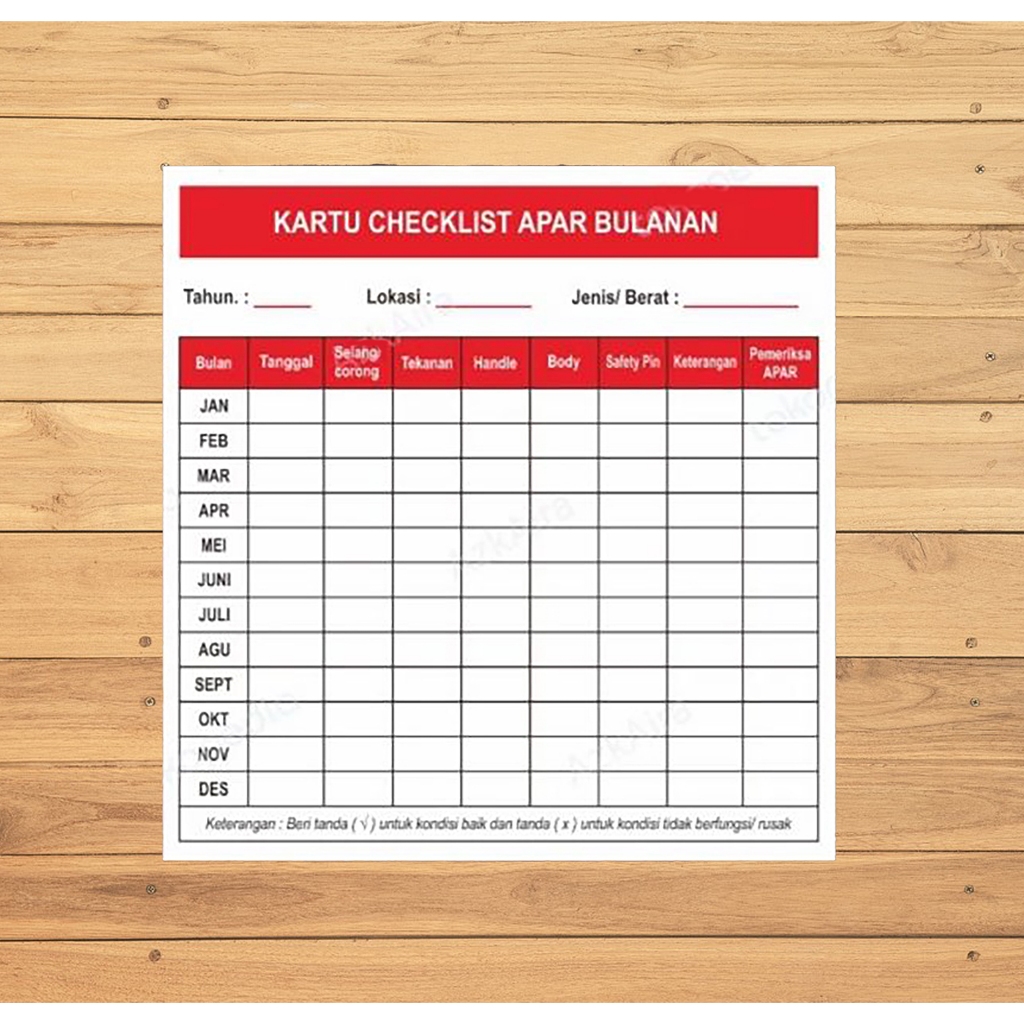 Jual Kartu Checklist l Ceklis APAR Bulanan Uk. 15 x 15 CM | Shopee Indonesia