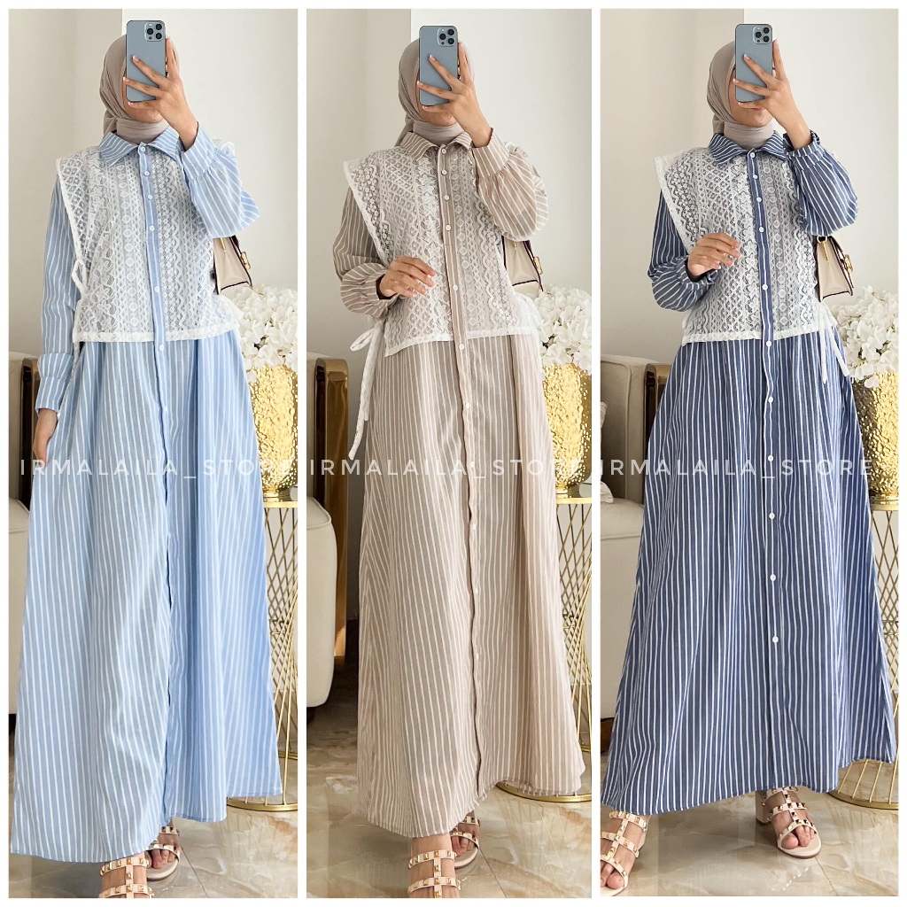 Jual Irmalaila - Midi Costle Cotton Salur Mix Lace Dress Gamis Wanita ...