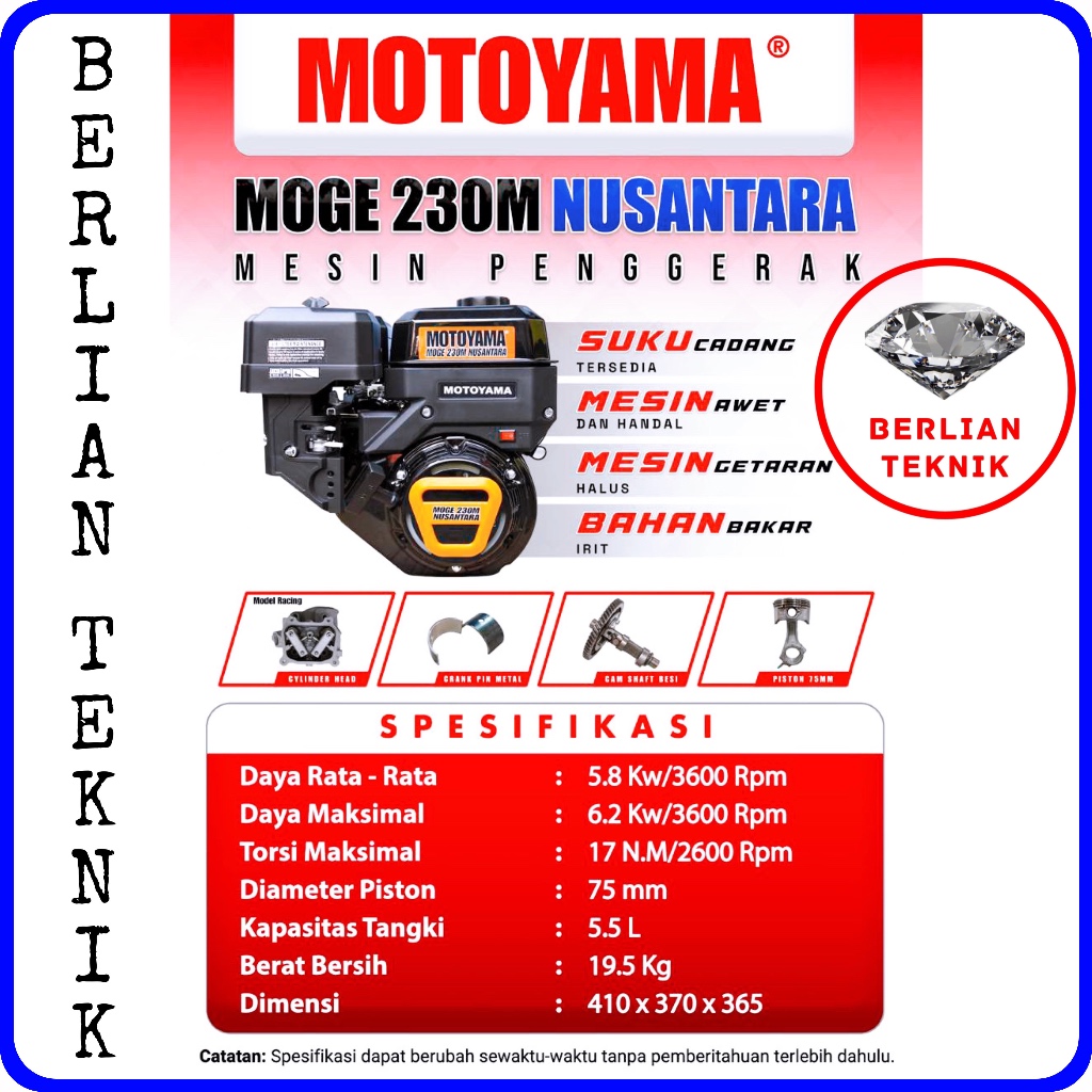 Jual Mesin Penggerak Bensin Engine Gasoline Motoyama Moge 230 M ...