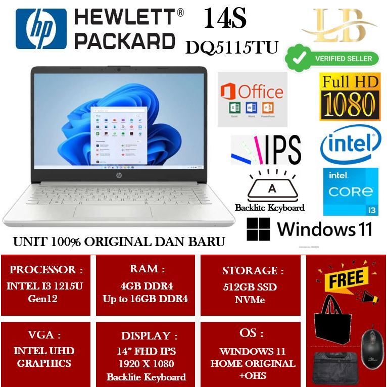 Jual Laptop Hp 14s DQ5115TU Intel i3 1215U Gen12 8GB 512GB SSD 14" Full ...